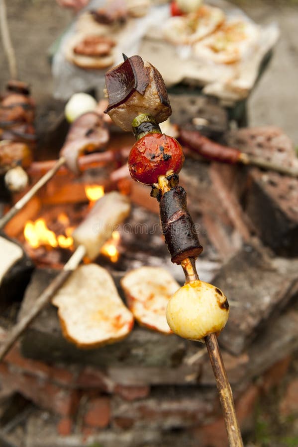 Spit cooking on the grill. stock image. Image of beef - 23411651