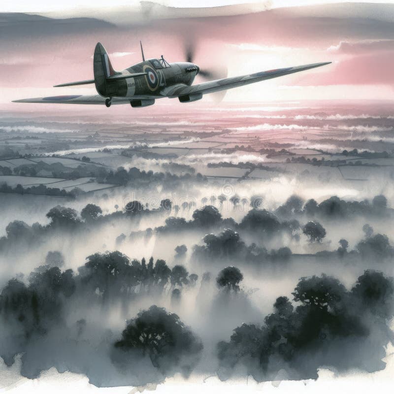 Spitfire at Dusk Over Fields Stock Illustration - Illustration of mist ...