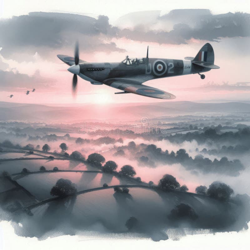 Spitfire Over Twilight Fields Stock Illustration - Illustration of ...