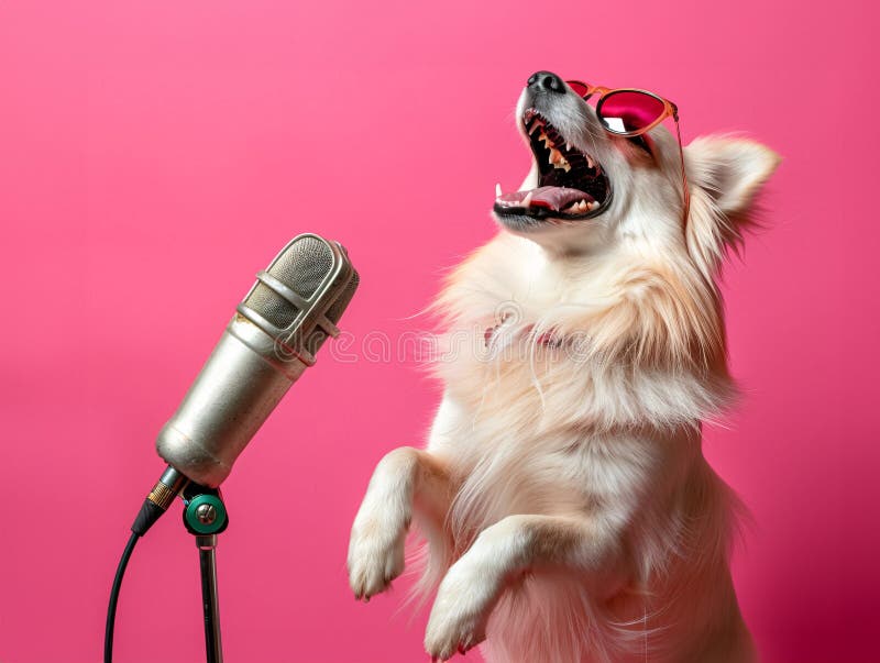 Spitz Dog Sings into a Microphone on a Pink Background. Artificial ...
