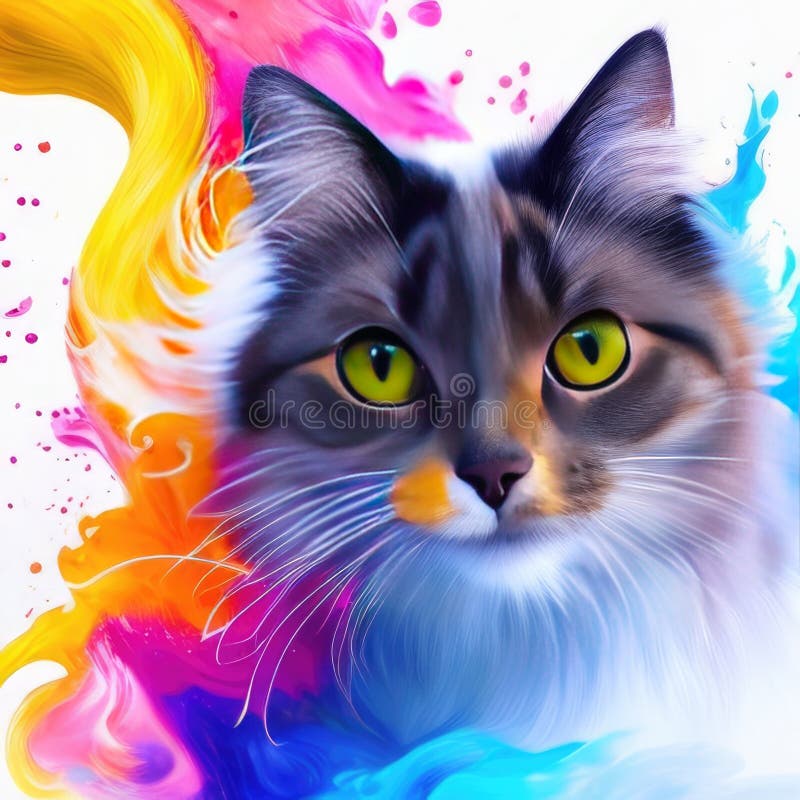 Splash Art Cat Head Look at the Camera on White Background. Ai ...