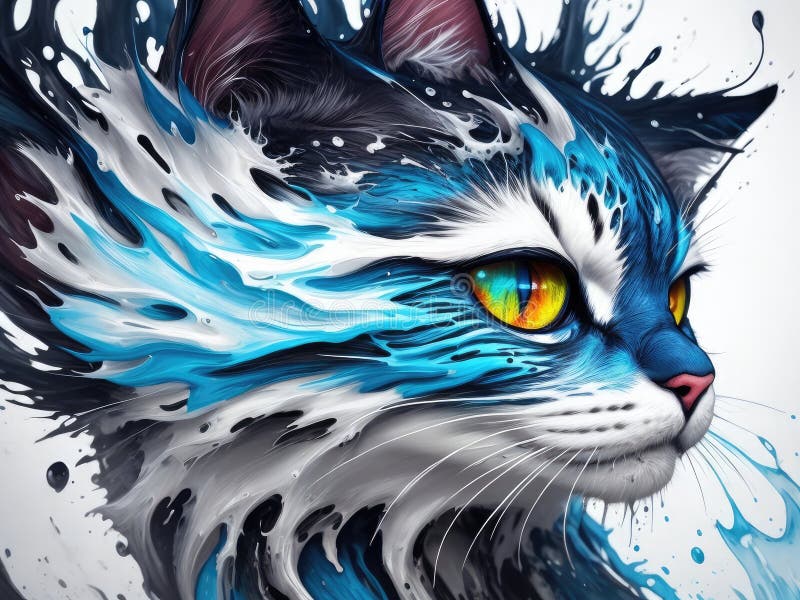 Splash Art Cat Head Look at the Camera on White Background. Ai ...