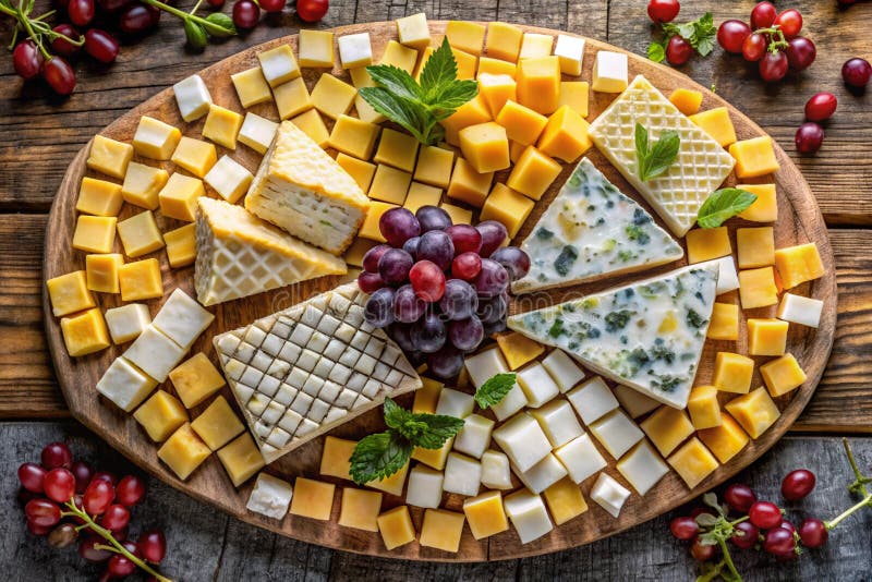 A Splash of Cheese Creating a Mosaic Effect on a Cheese Board Stock ...