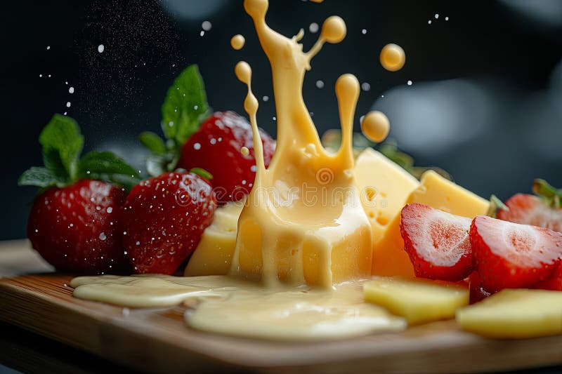 Splash of Cheese Sauce Over Fresh Strawberries and Pineapple Cubes ...