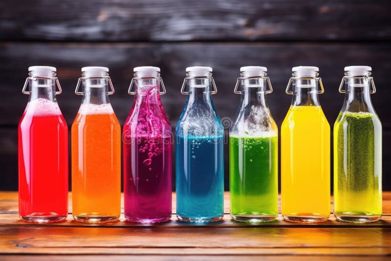 Splash of Color As Juice Enters into Clear Bottles Stock Photo - Image ...