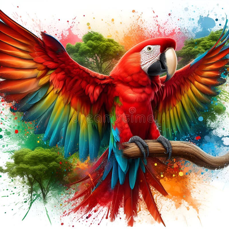 Splash Color Parrot Scarlet Macaw in Green Tropical Forest. AI ...