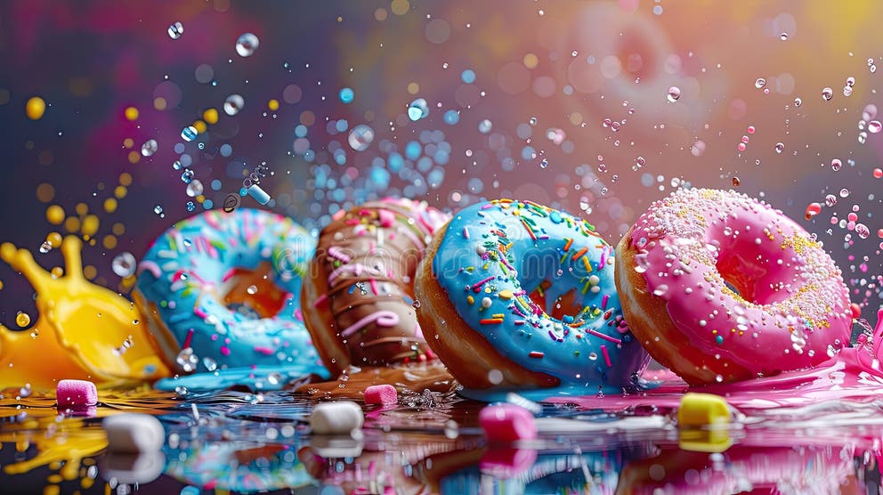 Splash of Donuts with Different Sprinkles. Selective Focus Stock Photo ...