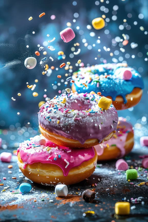 Splash of Donuts with Different Sprinkles. Selective Focus Stock Photo ...