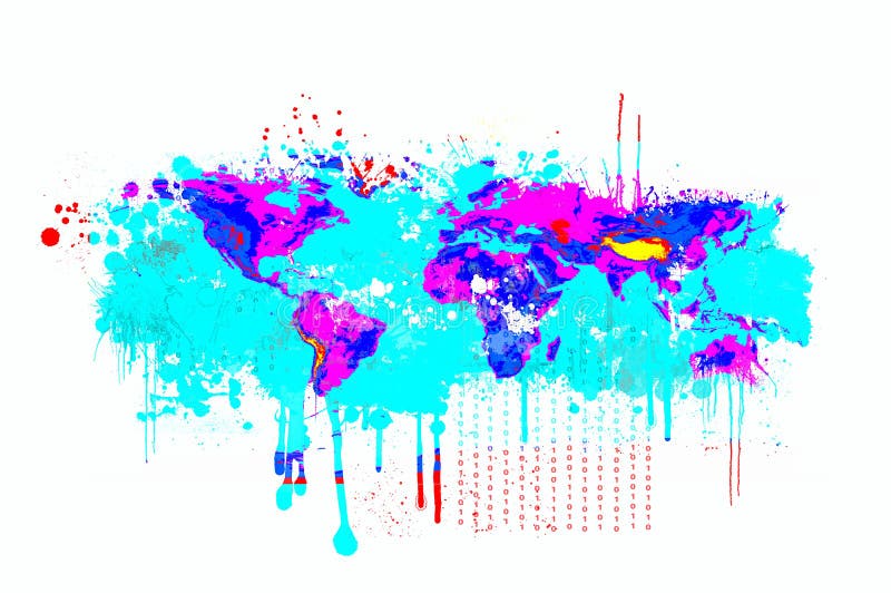 Splash Dripping World Map in Blue and Magenta Colors. Basic Image of ...