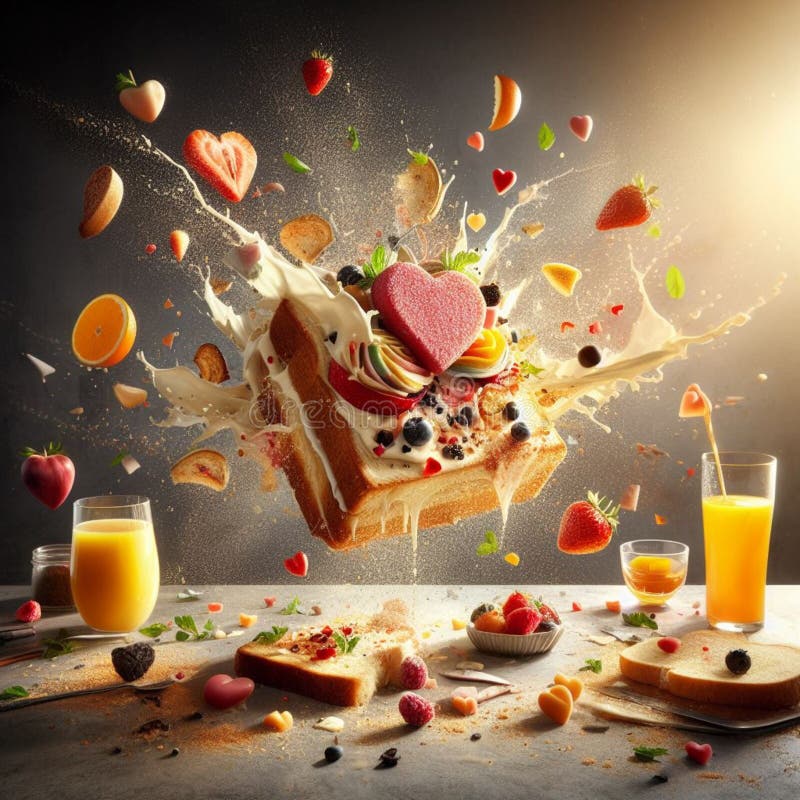 Splash and Flying Breakfast Elements Food and Drink, Cappuccino, Fruit ...