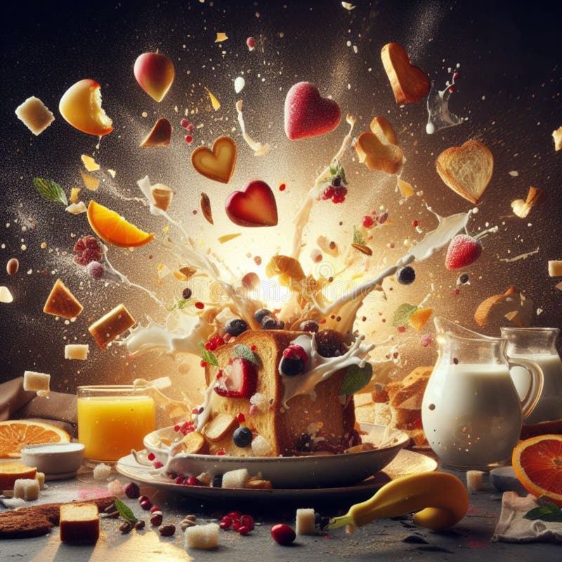 Splash and Flying Breakfast Elements Food and Drink, Cappuccino, Fruit ...