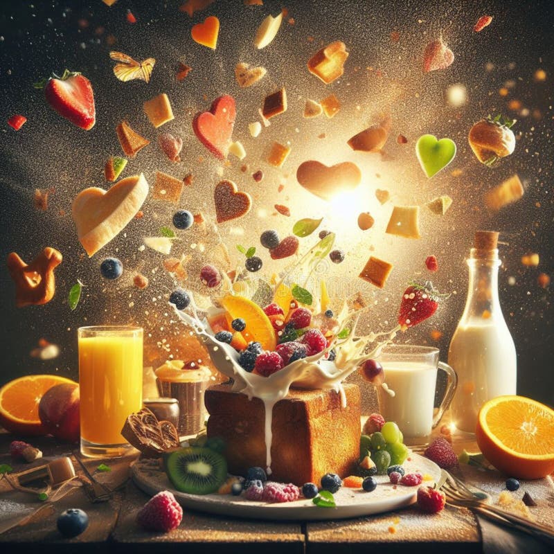 Splash and Flying Breakfast Elements Food and Drink, Cappuccino, Fruit ...