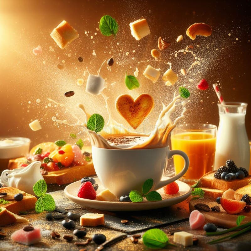 Splash and Flying Breakfast Elements Food and Drink, Cappuccino, Fruit ...