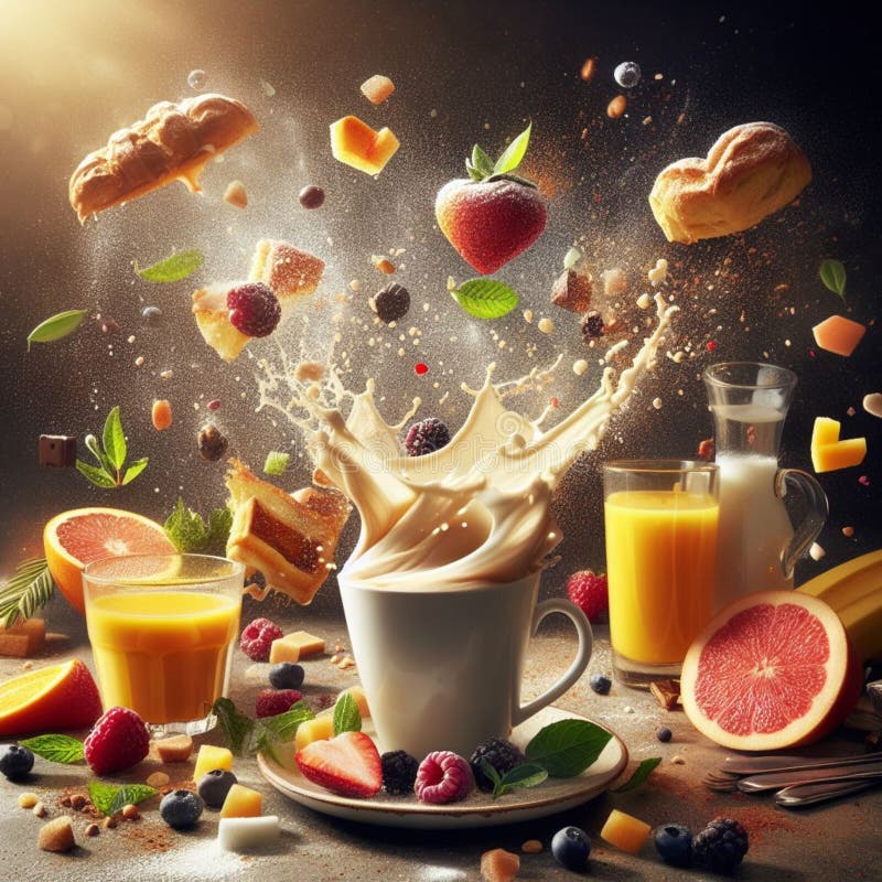 Splash and Flying Breakfast Elements Food and Drink, Cappuccino, Fruit ...