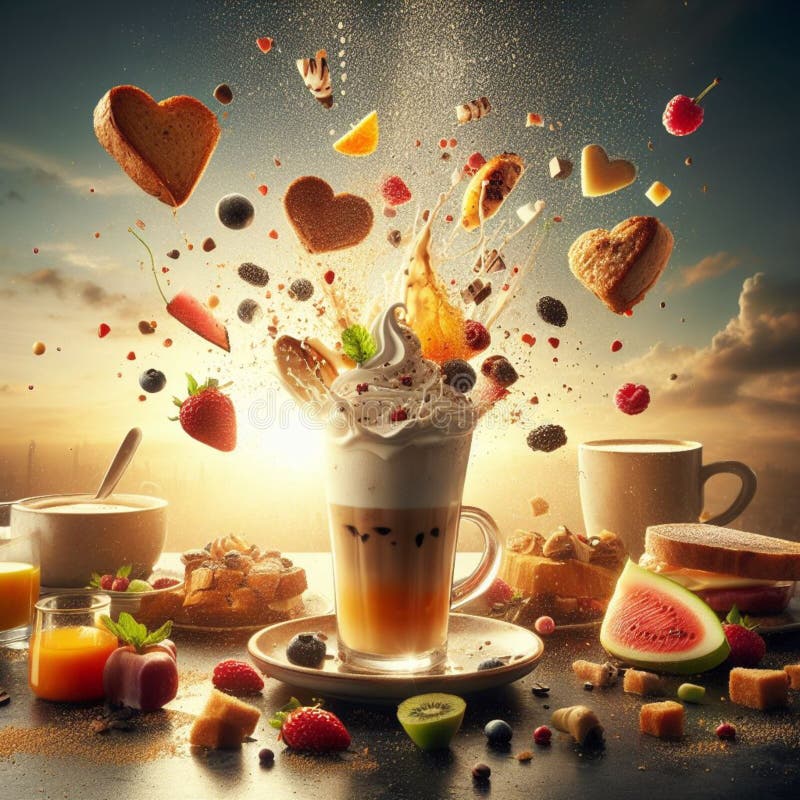 Splash and Flying Breakfast Elements Food and Drink, Cappuccino, Fruit ...