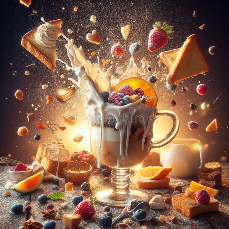 Splash and Flying Breakfast Elements Food and Drink, Cappuccino, Fruit ...