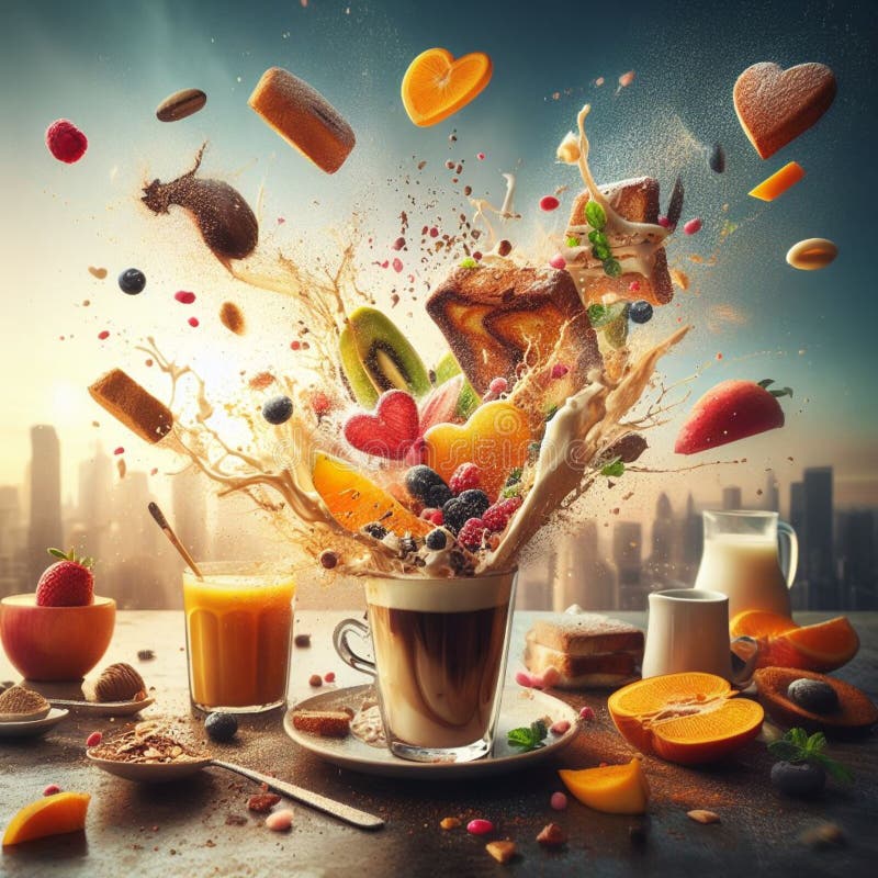Splash and Flying Breakfast Elements Food and Drink, Cappuccino, Fruit ...