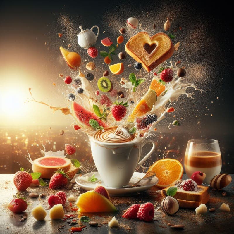 Splash and Flying Breakfast Elements Food and Drink, Cappuccino, Fruit ...