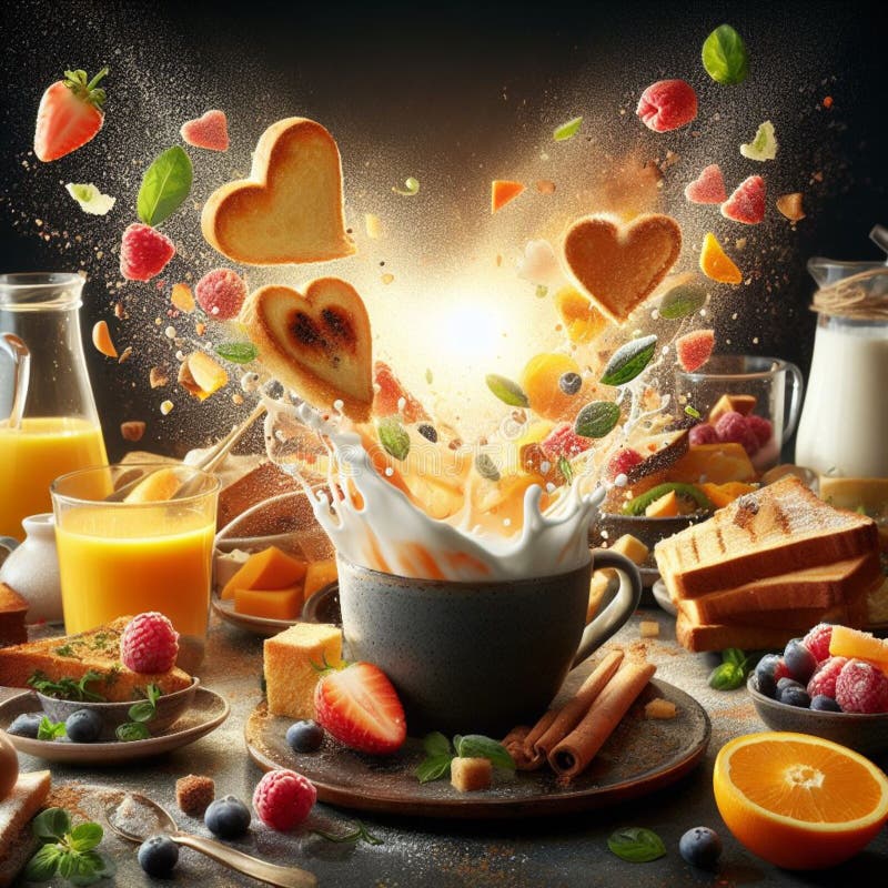 Splash and Flying Breakfast Elements Food and Drink, Cappuccino, Fruit ...