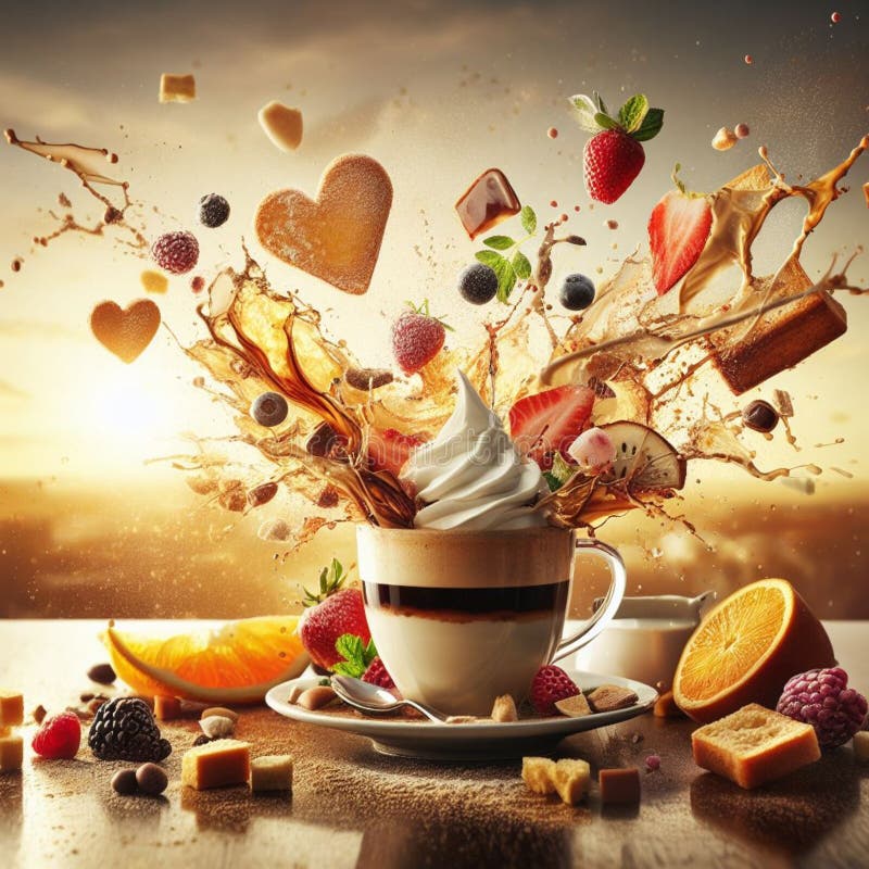 Splash and Flying Breakfast Elements Food and Drink, Cappuccino, Fruit ...