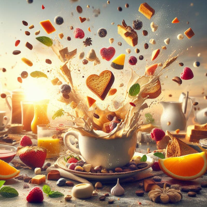 Splash and Flying Breakfast Elements Food and Drink, Cappuccino, Fruit ...