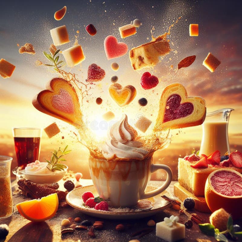 Splash and Flying Breakfast Elements Food and Drink, Cappuccino, Fruit ...