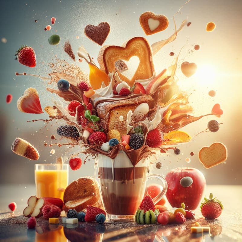 Splash and Flying Breakfast Elements Food and Drink, Cappuccino, Fruit ...