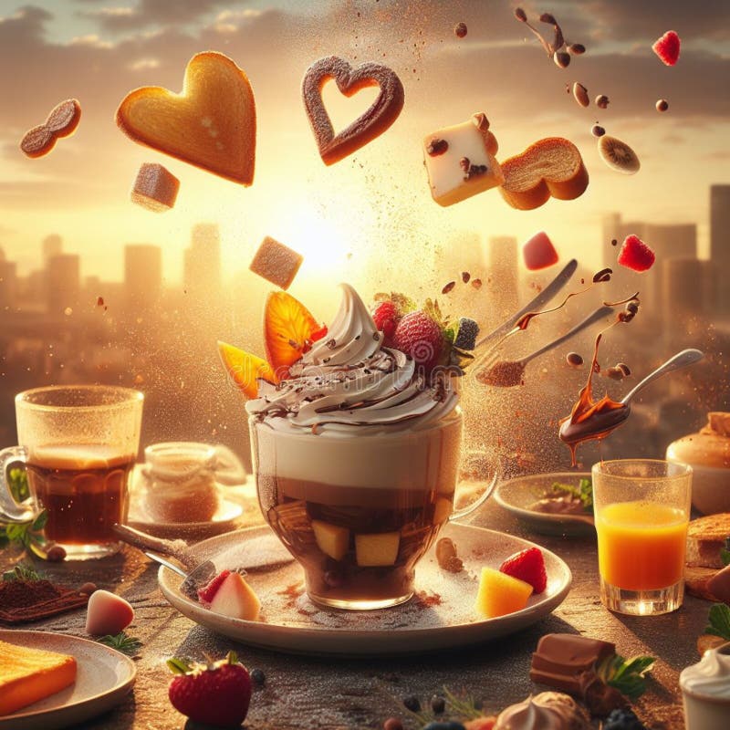 Splash and Flying Breakfast Elements Food and Drink, Cappuccino, Fruit ...