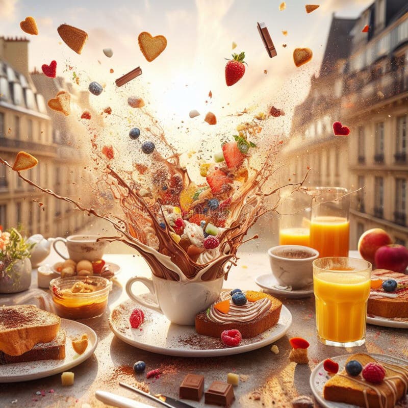 Splash and Flying Breakfast Elements Food and Drink, Cappuccino, Fruit ...