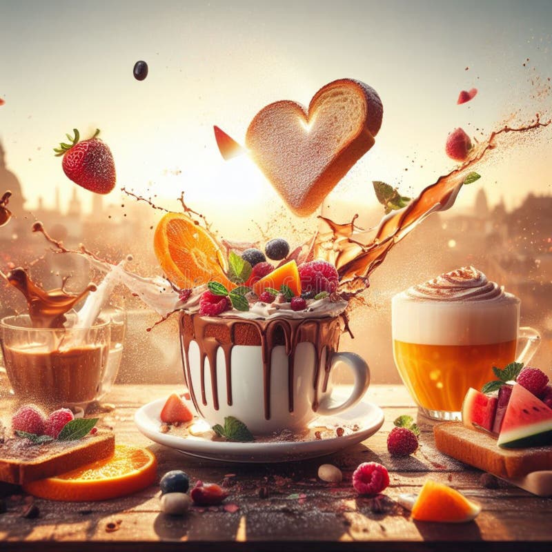 Splash and Flying Breakfast Elements Food and Drink, Cappuccino, Fruit ...