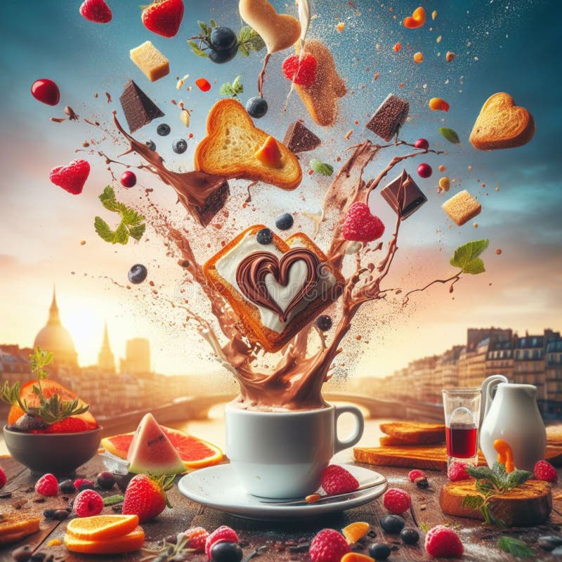 Splash and Flying Breakfast Elements Food and Drink, Cappuccino, Fruit ...