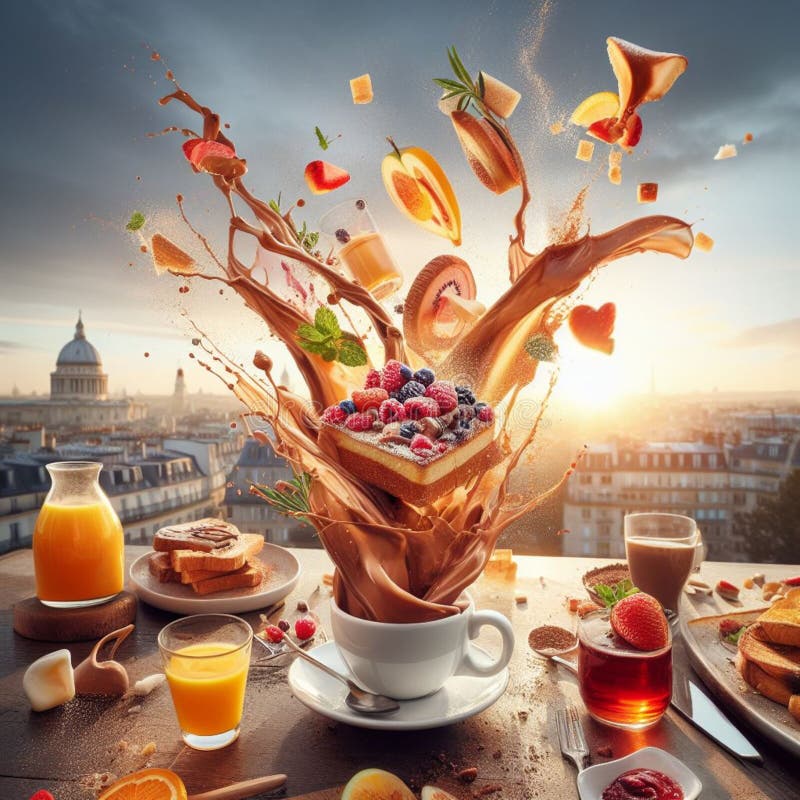 Splash and Flying Breakfast Elements Food and Drink, Cappuccino, Fruit ...