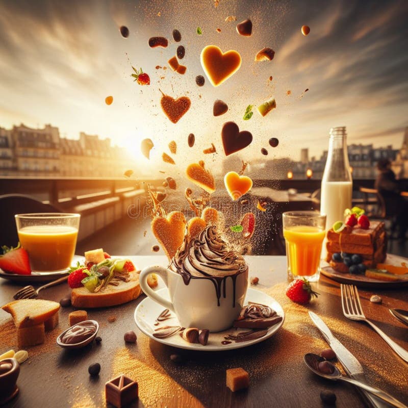 Splash and Flying Breakfast Elements Food and Drink, Cappuccino, Fruit ...