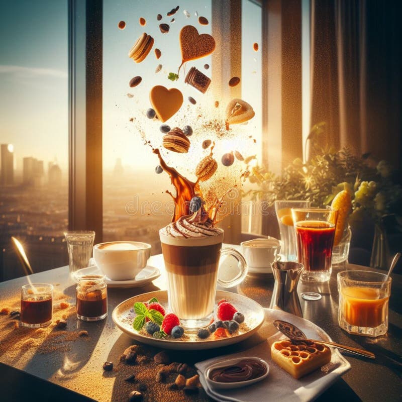 Splash and Flying Breakfast Elements Food and Drink, Cappuccino, Fruit ...