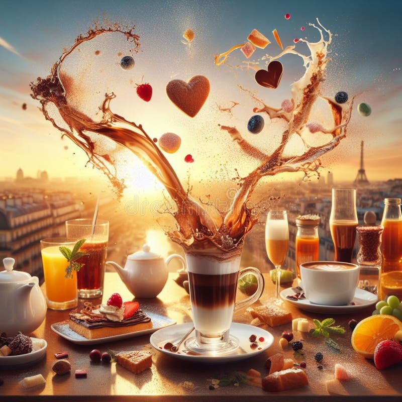 Splash and Flying Breakfast Elements Food and Drink, Cappuccino, Fruit ...