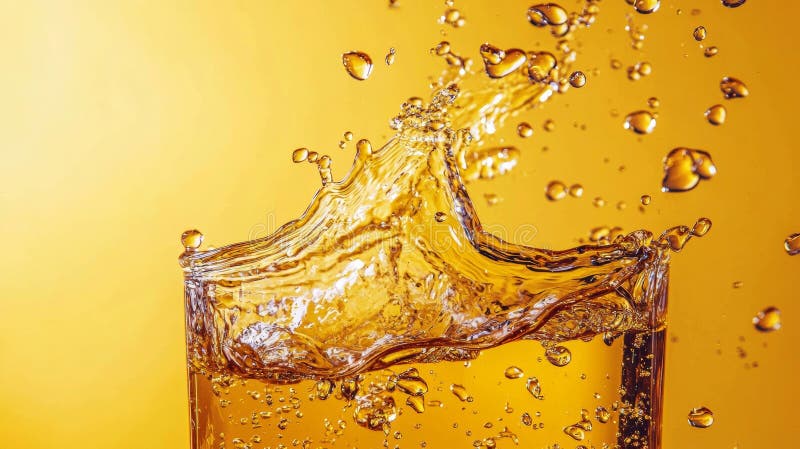 Splash of Golden Liquid with Bubbles in Motion on Yellow Background ...