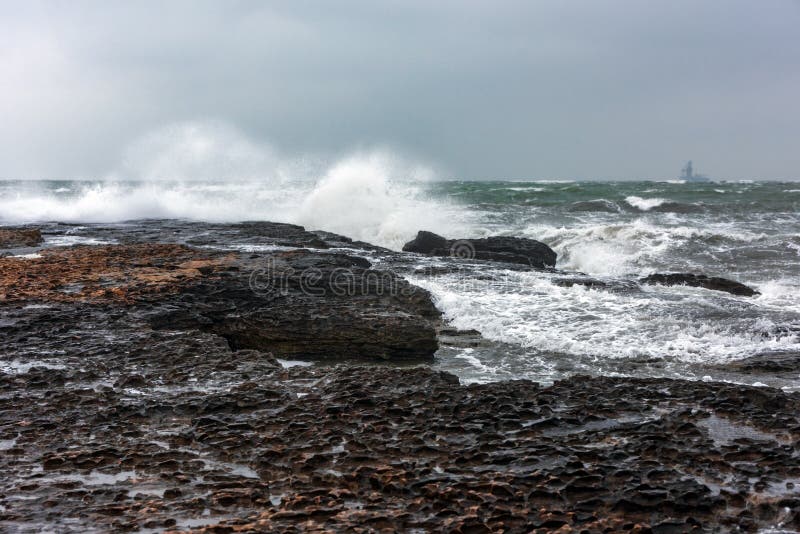 Splash of Huge Waves on a Rocky Shore Stock Photo - Image of horizon ...