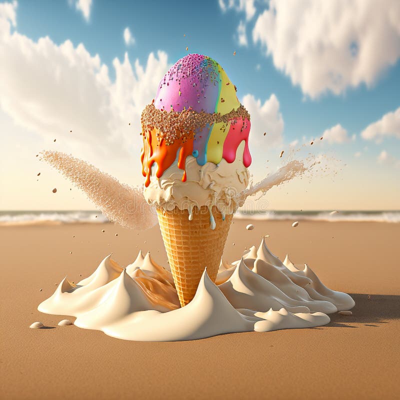 Splash of Ice Cream Cone with Various Flavors on the Beach Stock ...