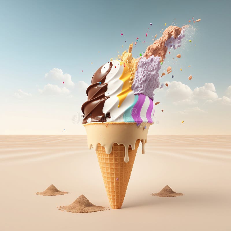 Splash of Ice Cream Cone with Various Flavors on the Beach Stock ...