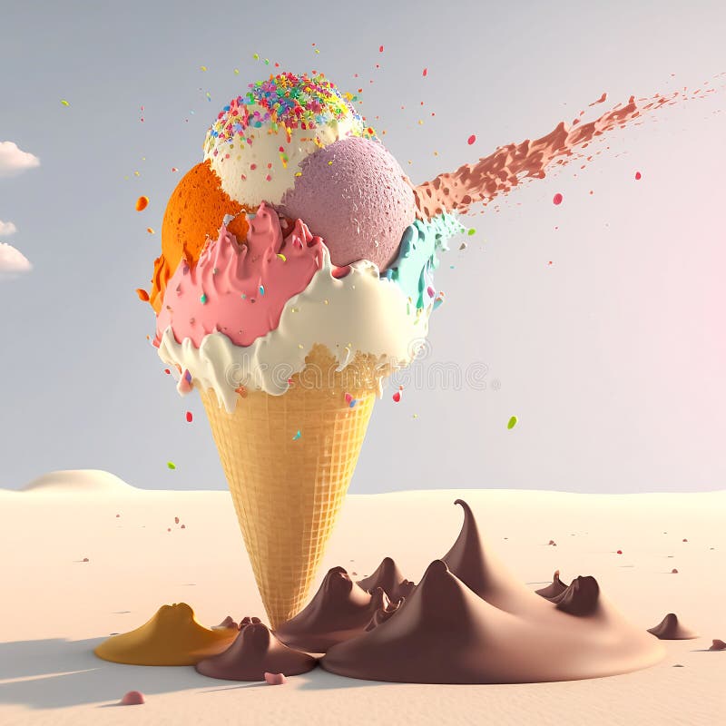 Splash of Ice Cream Cone with Various Flavors on the Beach Stock ...