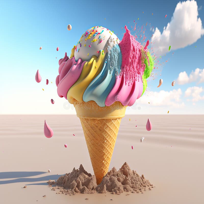 Splash of Ice Cream Cone with Various Flavors on the Beach Stock ...