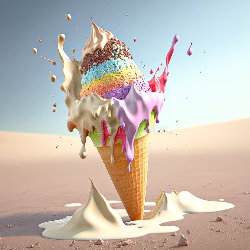 Splash of Ice Cream Cone with Various Flavors on the Beach Stock ...