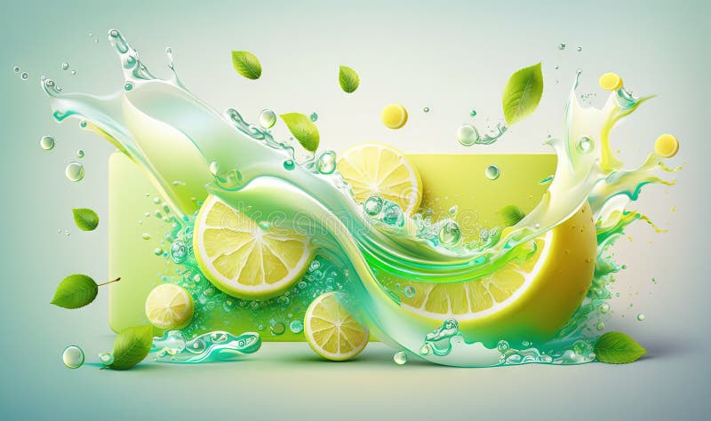 A Splash of Juice with Lemons and Leaves on a Blue Background Stock ...
