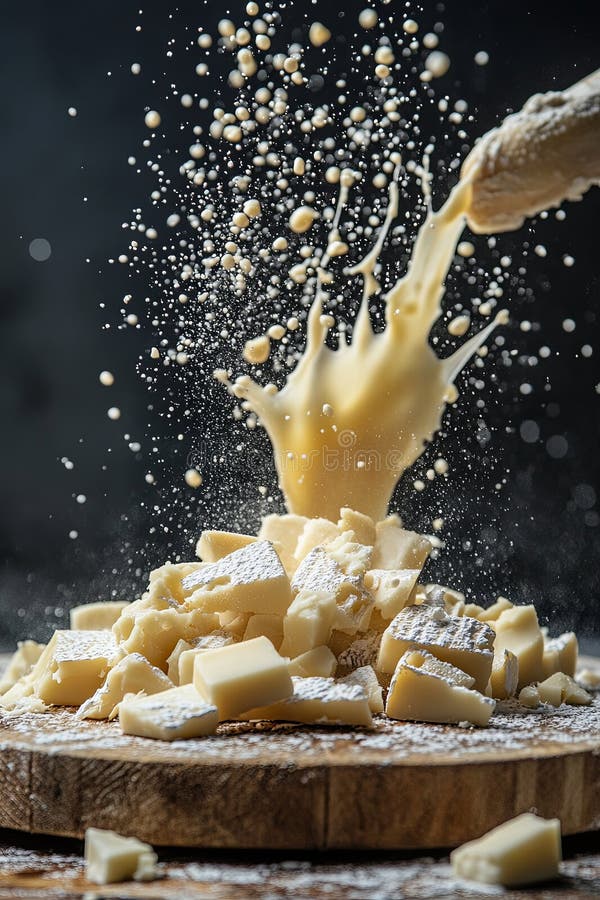Splash of Melted Cheese Over Pile of White Cheese Cubes Creates ...