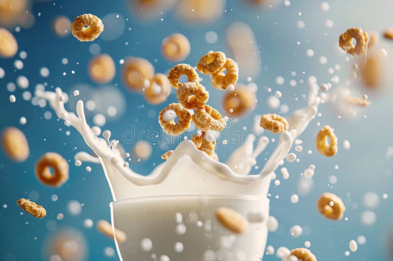 A Splash of Milk and a Floating Cereal Breakfast Scene Flying Food Shot ...