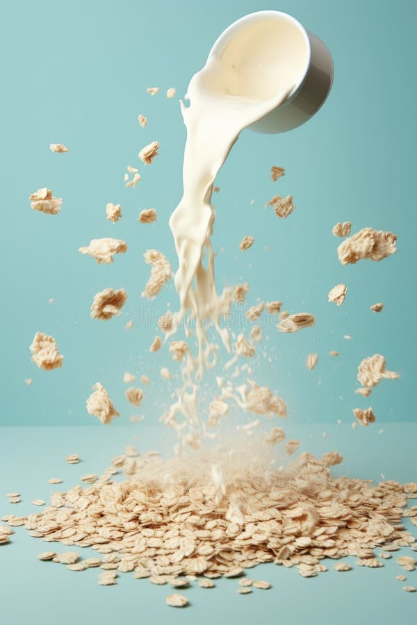 Splash of Milk and Oat Flakes in the Air. Oat Milk Levitation Stock ...