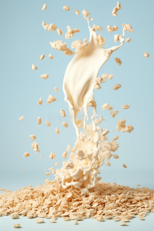 Splash of Milk and Oat Flakes in the Air. Oat Milk Levitation Stock ...