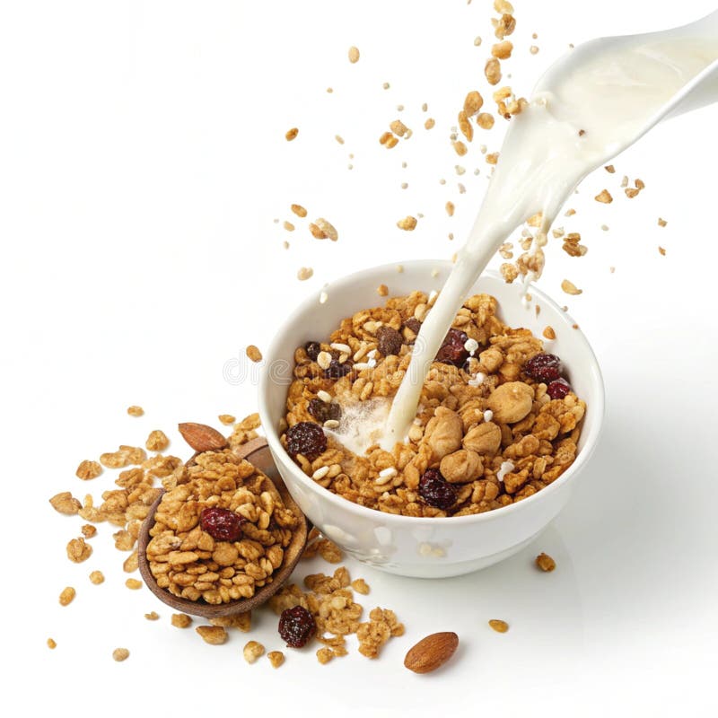 Granola with Milk Splash Isolated on White Background Stock ...