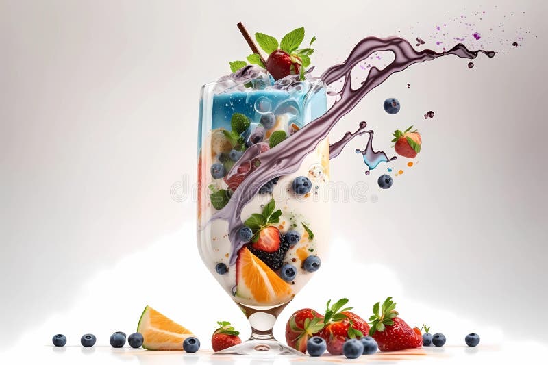 Splash of Milkshake with Pieces of Fresh Fruit. White Background ...