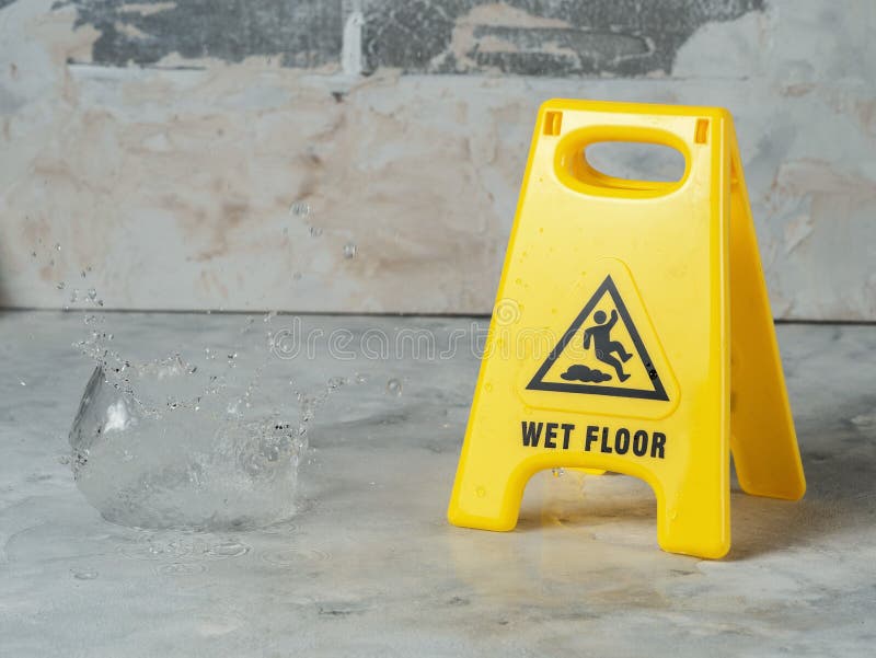 Splash in a Puddle of Water Near a Warning Sign Wet Floor Stock Image ...